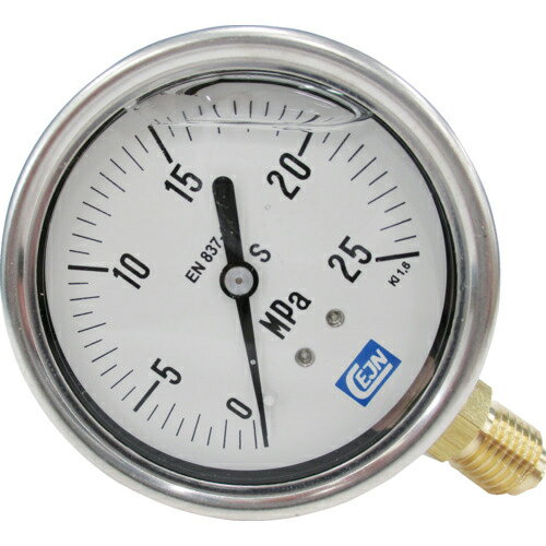 特長：振動、脈動がある受圧媒体の圧力測定に適したグリセリン入りです。ケースはステンレス製で耐食性に優れています。EN837-1規格品です。仕様：圧力レンジ(MPa)：0.0〜25.00最小目盛(MPa)：0.5精度：±1.6％ FS接続部サ...