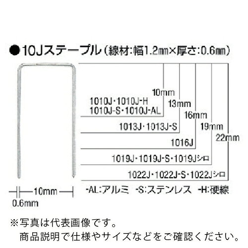 特長：タッカ用10Jステープルです。JIS A 5556(工業用ステープル）1010J-H・1010J-ALのみJIS規格がありません。仕様：肩幅(mm)：10足長(mm)：10線材幅(mm)：1.15線材厚さ(mm)：0.6材質／仕上：ア...