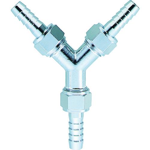 用途：エアの分配。仕様：接続口径(タケノコ外径)(mm)：10.5六角対辺(mm)：19使用流体：水・空気・油タイプ：Y型ホースジョイント最高使用圧力(MPa)：3.45使用流体：水・空気・油流体温度：-50〜150℃使用圧力：3.45MP...