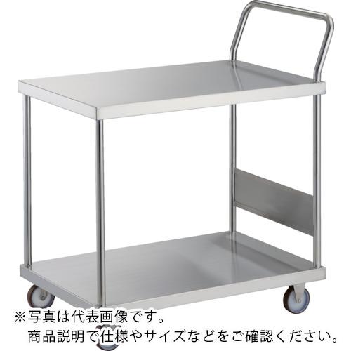 特長：溶接構造のSUS製の2段式台車です。本体およびキャスター金具までSUS304製ですので、食品工場やクリーンルームに使用できます。ハンドル高さが1050mmと高く背の高い方も楽に使用できます。用途：食品工場、研究所など。仕様：均等荷重(...