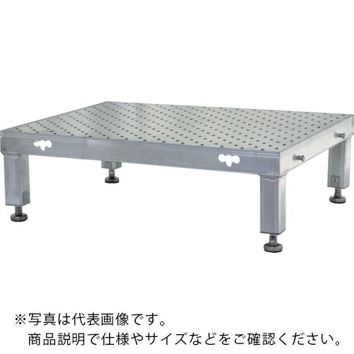 特長：軽量で移動も楽な作業用踏み台です。掃除の際に、縞板タイプに比べ天板に汚れが残りづらい形です。縦横連結可能です。天板をフラットに調整可能なアジャスター付きです。ステップの下に配線する事が可能です。天板の凸部分が靴底をしっかりとグリップし...