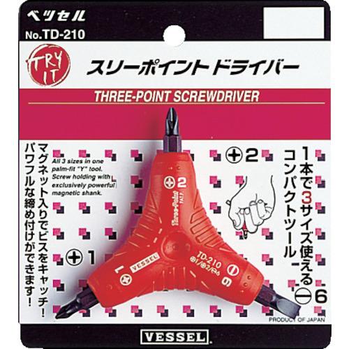 特長：1本で3サイズ使えるコンパクトで便利なドライバーです。手にフィットするY型ハンドルです。パワフルな締め付けができます。軸は、クロムバナジューム鋼使用です。仕様：刃先：［［＋］］1・2、［［−］］6サイズ：135×120×20全身焼入