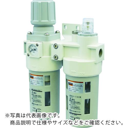 特長：フィルタ付レギュレーターとルブリケータを専用アタッチメントでコンパクトに接続したユニットです。仕様：ろ過精度(μm)：5使用圧力(MPa)：0.05〜1.0接続口径：Rc1/4貯油量(［［CM3］］)：200全長(mm)：250全幅(...
