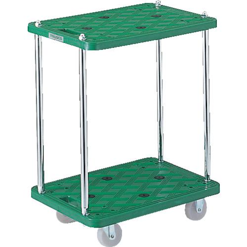 特長：荷台は堅牢なリブ構造です。用途：事務所内の資料の移動時に。仕様：均等荷重(kg)：100色：グリーン長さ(mm)：500幅(mm)：370高さ(mm)：112全高(mm)：627キャスター径(mm)：75取替キャスター(自在)：TYJ...