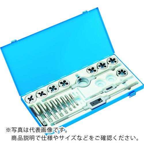特長：細目のねじ穴、ねじ山を作製、さらえる（きれいにする）M10〜M24のハンドタップ、50径丸ダイス、タップハンドル、タップホルダー、ダイスハンドルのセットです。セット品なので保管にも便利です。用途：被削材:鉄、軽金属。並目のねじ山の修正...