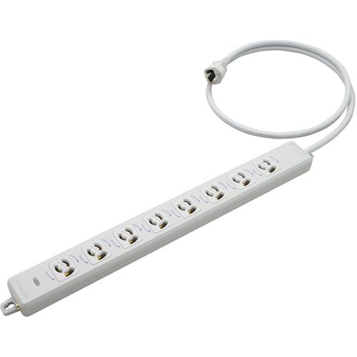 仕様：コンセント数：8定格電圧(V)：125定格電流(A)：15プラグ形状：耐トラッキング接地プラグ付品名：横形OA用抜け止め接地タップ8コ口パイロットランプ、マグネット付 VCTF1m接地プラグ付横形OA 用抜け止め接地タップ（ 8コ口）...