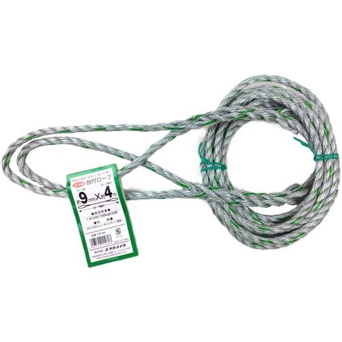 特長：ワイヤーのようにサビないため、荷物を汚しません。用途：荷物の固定、結束、引張り作業に。仕様：色：グレー線径(mm)：9長さ(m)：4両端アイ加工：折り径：約20cm、編込み回数：4回材質／仕上：ポリプロピレン(PP)、ポリエチレン混紡...