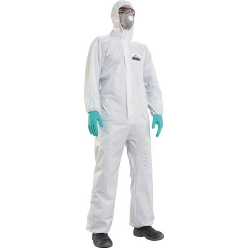特長：透湿度の高いSMS製防護服です。頭部にフィットする立体的な構造のフードです。袖口や足首、ウエストゴムの締まりが粉じんの付着を軽減します。用途：医療関連、製薬業用。粉じん、粉体作業用。アスベスト除去などに。仕様：色：白サイズ：XXXL適...