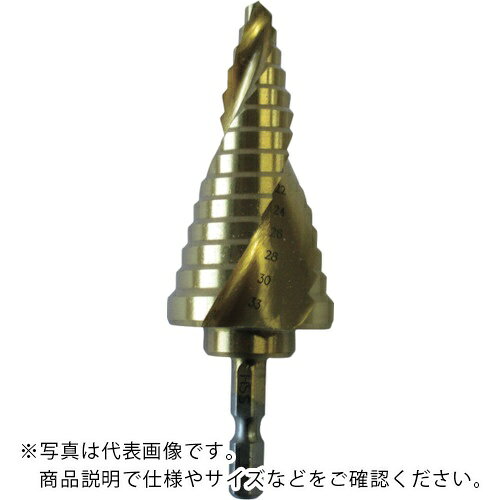特長：1本のドリルで多サイズの穴あけができます。用途：薄鉄板（2mmまで）・アルミ・プラスチック・木材の穴あけや面取り、バリ取りに。仕様：段数(段)：14シャンク径(mm)：6.35表面処理：チタンコーティング穴あけ寸法(mm)：6・8・1...