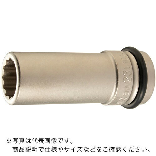 特長：外観品質と防錆力の向上を図った無電解メッキ仕様のインパクト用ロングソケットです。12角タイプです。用途：ボルト・ナットの締付け・緩め作業用。仕様：差込角(mm)：19.0対辺寸法(mm)：23全長(mm)：100対辺形状：12角適合ピ...