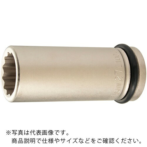 特長：外観品質と防錆力の向上を図った無電解メッキ仕様のインパクト用ロングソケットです。12角タイプです。用途：ボルト・ナットの締付け・緩め作業用。仕様：差込角(mm)：19.0対辺寸法(mm)：27全長(mm)：100対辺形状：12角適合ピ...
