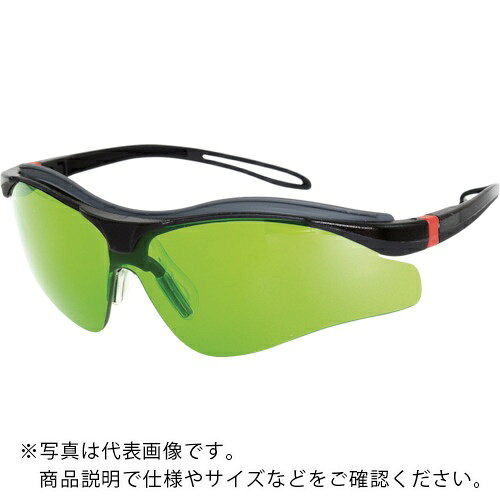 特長：スポーティでスタイリッシュな遮光メガネです。用途：ガス溶接作業用。仕様：レンズ色：グリーンテンプル色：ブラック幅(mm)：144高さ(mm)：48遮光度：#3規格：アメリカ安全規格ANSI Z87.1材質／仕上：フレーム:TR90レン...