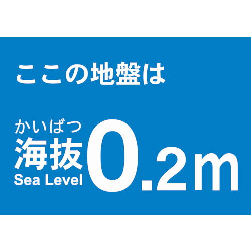 特長：屋内外使用可能です。仕様：表示内容：ここの地盤は海抜0.2m取付仕様：粘着シール縦(mm)：120横(mm)：170材質／仕上：塩化ビニール(PVC)注意：貼り付ける面のゴミ・油等を拭きとってください。　●代表画像について 商品によっ...