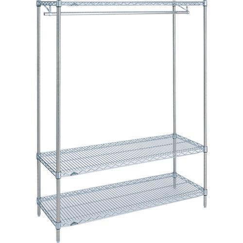 特長：衣類を収納するのに便利なハンガー付きのシェルフです。材質／仕上：棚板：スチールワイヤー・クロームメッキ・抗菌クリアコーティング仕上げ（防錆加工）柱（Pポール）：SUS304（18-8）ステンレスハンガーパイプ：SUS430（18-0）...