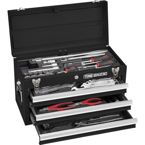 特長：自動車整備に欠かせない工具を厳選したベーシックな工具セットです。多彩な機能と作業性のよいツールチェストを採用しました。用途：自動車整備用。仕様：ケース色：マットブラックケース寸法(mm)間口：508ケース寸法(mm)奥行：232ケース...