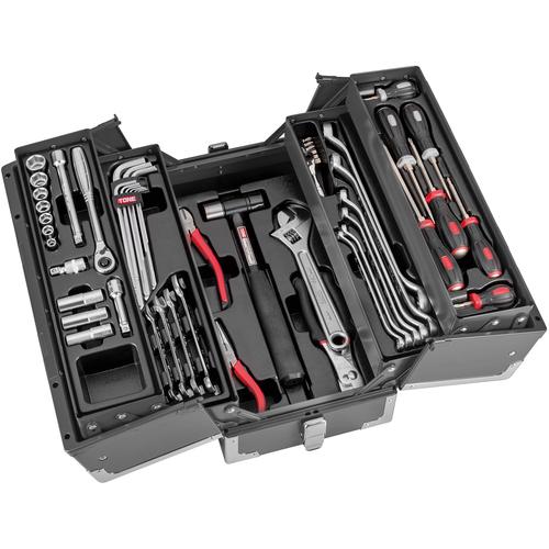 特長：自動車整備向けに、欠かせない工具を厳選した工具セットです。天面フラットV形3段式メタルケース、全段プラスチックトレー付きです。仕様：ケース色：マットブラックケース寸法(mm)間口：433ケース寸法(mm)奥行：220ケース寸法(mm)...