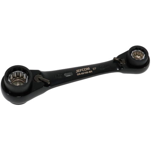 特長：ブラックタイプ 新登場です。一本で8サイズOK( 8、10、12、13、14、15、17、19mm)です。六角ボルト、ナットの締め外し用ソケットレンチです。90山ギア採用ラチェット機構で狭い場所でも細かく動かせます。全長160mmのシ...