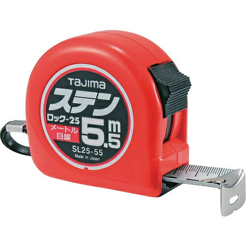 特長：テープ・ばね・ねじにさびにくいステンレスを採用しています。0点補正移動爪です。ショックアブソーバー付です。用途：長さ測定用仕様：テープ長さ(m)：5.5テープ幅(mm)：25水平保持(m)：2.3目盛仕様：メ−トル目盛、JIS1級、両...