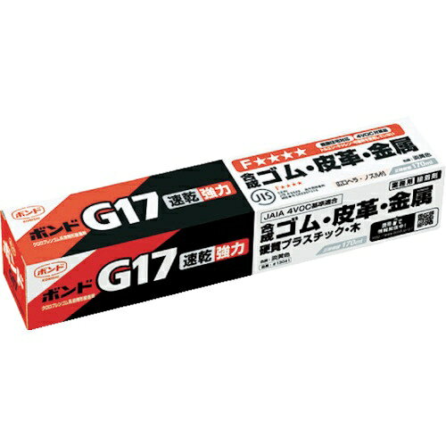 特長：初期接着力が強いため、仮止めなしで接着できます。速乾型。用途：合成ゴム・皮革・木・布・コンクリート・スレートなどの軟硬質材の接着。仕様：色：淡黄色容量(kg)：0.17硬化時間：30分容器：チューブ材質／仕上：主成分:クロロプレンゴム...