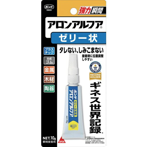 特長：コルク、厚紙など吸い込みやすい材質も瞬時に接着します。ゼリー状だから、充填接着が可能です。用途：プラスチック・金属・合成ゴム・木材・陶磁器の接着。仕様：色：透明容量(g)：10固着時間(23℃)：5秒高粘度型(ゼリー状）材質／仕上：主...
