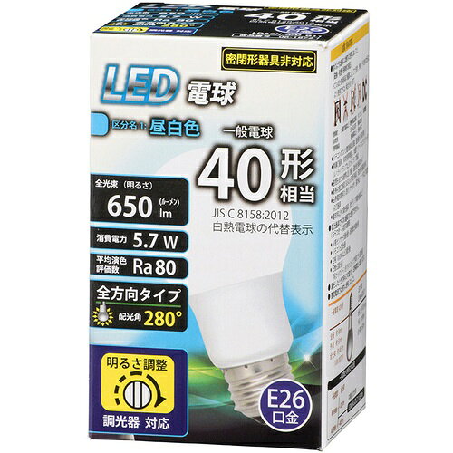 特長：調光器対応で明るさの調整が可能です。配光角280°の全方向タイプです。一般電球40W相当の明るさです。仕様：明るさ(lm)：650光源色：昼白色外径(mm)：60全長(mm)：107.5消費電力(W)：5.7口金：E26定格寿命(時間...