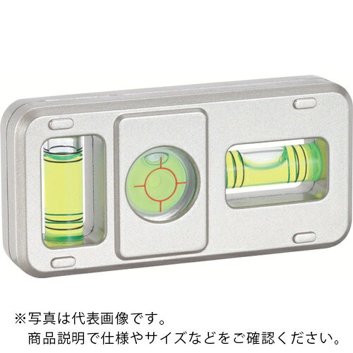 特長：ストラップ付で持ち運びに便利です。V溝付き測定面でパイプ測定可能です。丸型気泡管付で水平面の測定が出来ます。用途：水平・垂直・前後左右測定の測定に。仕様：長さ(mm)：87高さ(mm)：42厚さ(mm)：17マグネット：なし気泡管色：...