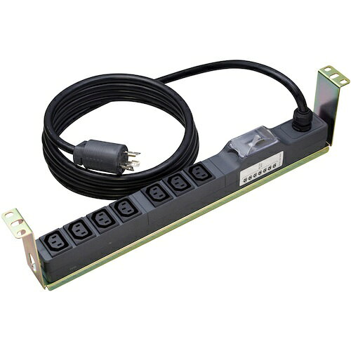 特長：IEC C13の電源が供給可能です。19インチラック横取付用安全ブレーカ付仕様：定格：16A 250Vコンセント数：7ケーブル長(m)：VCTケーブル3m19インチラック横取付用金具付（段付金具)安全ブレーカ付200Vコンセント（C1...