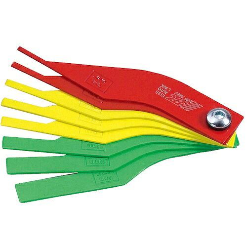 特長：全長：130mm　　Red：2・3mm-危険　Yellow：4・5・6mm−注意　Green：8・10・12mm-安全用途：ブレーキパットの残量が簡単に測れます。仕様：ブレーキゲージセット注意：郵便局のゆうパケットでの発送のため、多少...