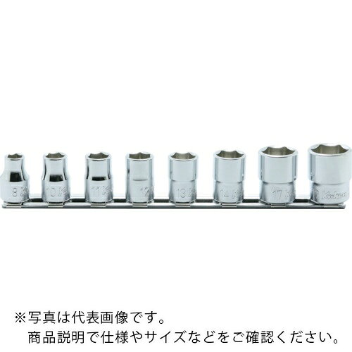 特長：12角ソケットレールセットです。仕様：差込角(mm)：9.5セット内容(点)：8ソケット内容(mm)：8、10、11、12、13、14、17、19対辺形状：12角12角タイプ材質／仕上：クロムモリブデン鋼(SCM435)　●代表画像に...