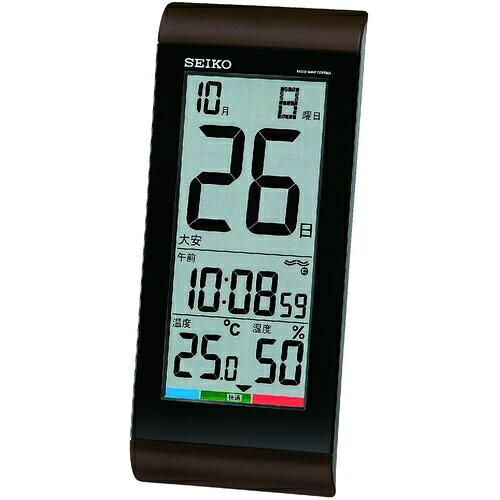 特長：大きな日付表示がくっきり見やすい掛置兼用電波時計です。高精度の温度湿度表示で更に一般的に知られている不快指数を8段階で表現した「快適度表示」付きです。仕様：電源：単3マンガン電池×2電池寿命：約1年色：茶高さ(mm)：242幅(mm)...