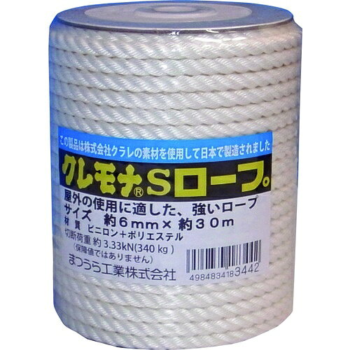 特長：（株）クラレの素材を使用した日本製です。用途：シートやテントの固定や結束に。仕様：色：白線径(mm)：6長さ(m)：30カラー：白径(mm)：6切断荷重(kN)：約3.33(約340kgf)ロープ仕様1：3打ち(3ストランド)ロープ仕...