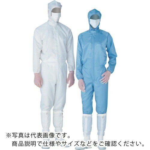 特長：男女共用のタイプです。仕様：色：ホワイトサイズ：4L着丈(cm)：181胸囲(cm)：132股下(cm)：82裄丈：88つなぎ服材質／仕上：ポリエステル100％、導電繊維5mmストライプ注意：写真のマスク、フード、ブーツ、グローブは別...
