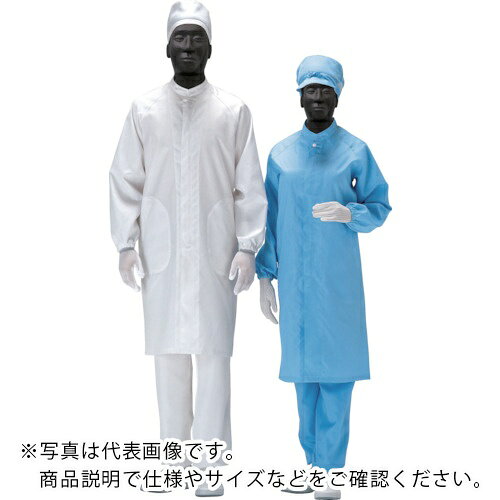 特長：男女共用コートのクリーンウエアです。用途：作業者からの発塵とESD防止対策。仕様：色：ホワイトサイズ：S着丈(cm)：103適合胸囲(cm)：108Fed.Std.209d クラス10000対応帯電防止仕様：IEC 61340-5-1...