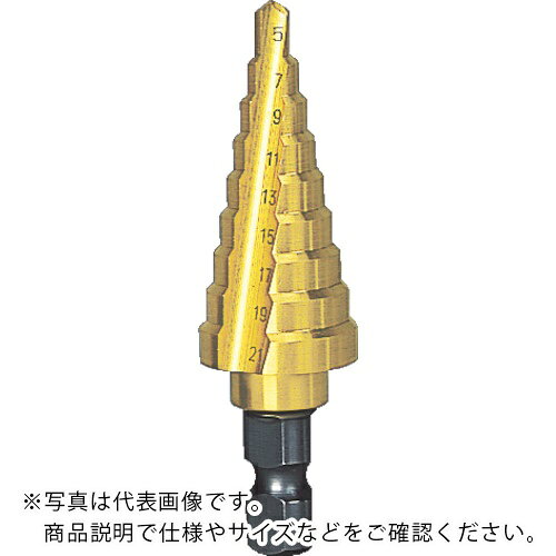 特長：先端シンニング付ですので軽い食い付きで、ポイントずれがありません。用途：被削材:鉄板・銅板（2mmまで）、アルミ板・木材・樹脂（3〜4mmまで）、ステンレス板（1mmまで）。仕様：段幅(mm)：4段数(段)：12シャンク径(mm)：1...