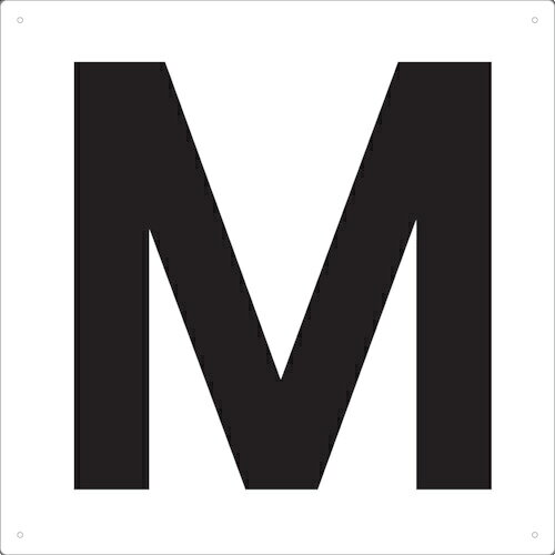 特長：屋内外使用可能です。通り芯表示板に使用可能です。庫内等のゾーン分け、目印にも便利です。仕様：表示内容：英字「M」取付仕様：穴4ヵ所ビス止め(ビス別売)縦(mm)：420横(mm)：420厚さ(mm)：1穴径(mm)：4白地・英字材質／...