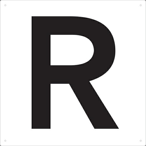 特長：屋内外使用可能です。通り芯表示板に使用可能です。庫内等のゾーン分け、目印にも便利です。仕様：表示内容：英字「R」取付仕様：穴4ヵ所ビス止め(ビス別売)縦(mm)：420横(mm)：420厚さ(mm)：1穴径(mm)：4白地・英字材質／...
