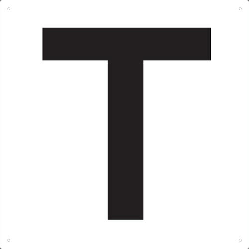 特長：屋内外使用可能です。通り芯表示板に使用可能です。庫内等のゾーン分け、目印にも便利です。仕様：表示内容：英字「T」取付仕様：穴4ヵ所ビス止め(ビス別売)縦(mm)：420横(mm)：420厚さ(mm)：1穴径(mm)：4白地・英字材質／...