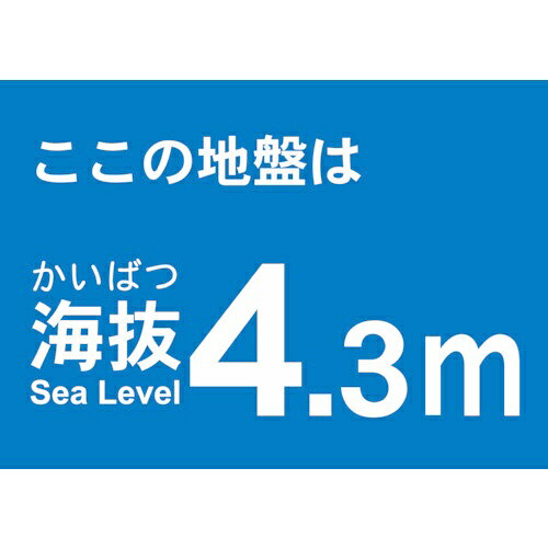 特長：屋内外使用可能です。仕様：表示内容：ここの地盤は海抜4.3m取付仕様：粘着シール縦(mm)：120横(mm)：170材質／仕上：塩化ビニール(PVC)注意：貼り付ける面のゴミ・油等を拭きとってください。　●代表画像について 商品によっ...