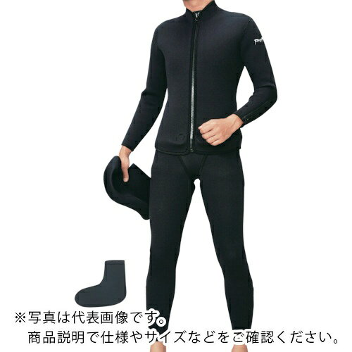 特長：擦れ強く防寒性にも優れたCRスポンジ4mm厚＋ナイロンジャージを使用しています。便利な上着、ズボン、フード、ソックスの4点セットです。用途：水中作業。釣り。仕様：股下(cm)：67材質／仕上：CRスポンジ（4mm厚）・ジャージ／パイル...