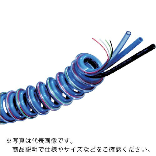 特長：チューブ一本に切込みを入れて信号電線が内蔵されています。稼動部に使用出来ます。タッチチューブを溶着してスパイラル状にしています。色分けする事が出来ます。用途：各種エア配管稼動部仕様：色：ライトブルー、黒、クリアブルー使用範囲(m)：8...
