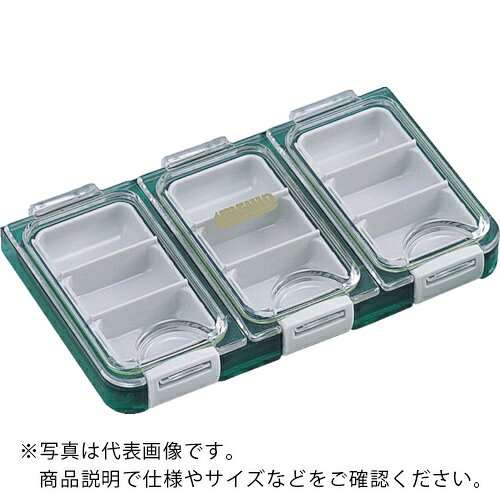 特長：中身が見易い透明タイプです。小物を分けて収納するのに便利です。防滴タイプ9コマタイプです。用途：小物・パーツ類の収納。仕様：色：グリーン外形寸法(mm)奥行：115外形寸法(mm)高さ：73有効内寸(mm)間口：18コマ数：3最大コマ...