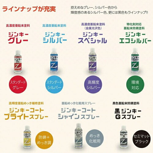 特長：防錆効果にすぐれています。密着と耐摩耗性がすぐれています。シルバーグレー色で、亜鉛めっき及び低光沢処理の補修に適しています。用途：溶融亜鉛めっき（新設、経年劣化）。電気亜鉛めっき。各種高耐食めっき鋼板に。仕様：色：シルバーグレー容量(...