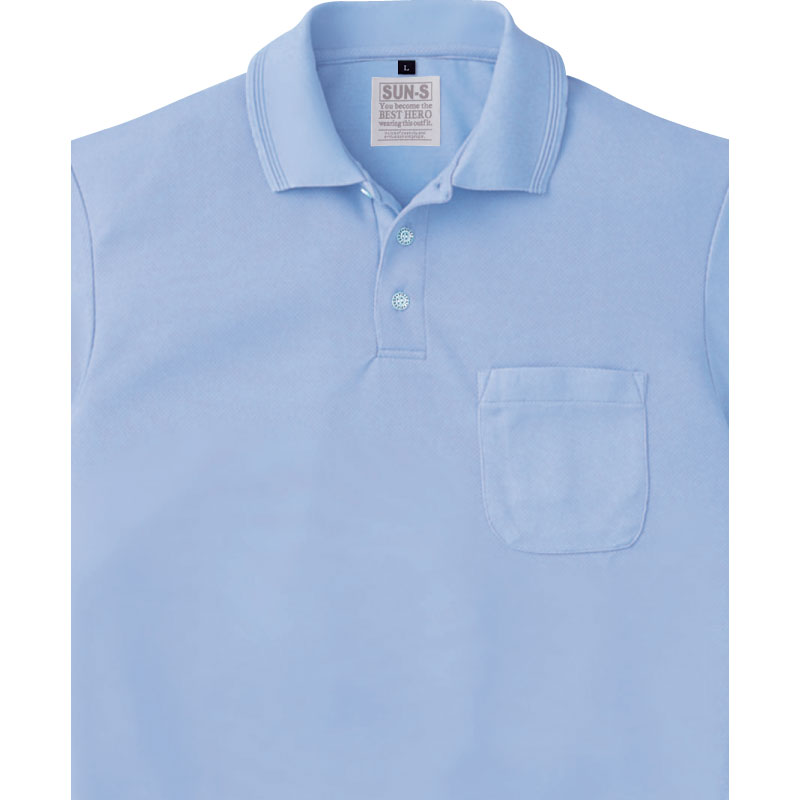 特長：・吸汗・速乾性に優れいつもサラサラ・制電機能も兼ね備えた環境にやさしいエコロジーポロシャツ仕様：・サイズ：4L・着丈：78・肩巾：56・袖丈：27・胸囲：130・カラー：サックス材質／仕上：裏綿:ポリエステル90%(再生ポリエステル5...