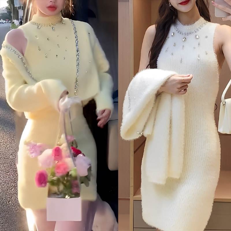 さわやかな季節は上品で魅力的なワンピースとカーディガンの2点セットがよく合います。ビジューが施されたニットのデザインが華やかで女性らしさを引き立てる、韓国トレンドファッションを取り入れた、アンサンブルセットです。軽やかであり、一式でおしゃれ...