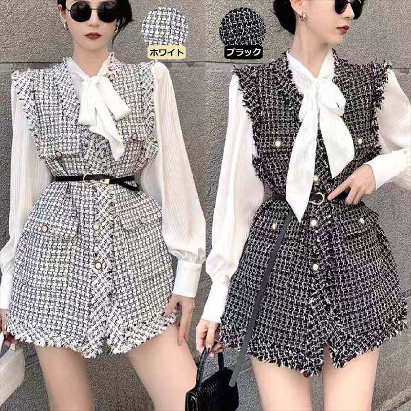 ベルト付きツイードベストとストライプリボンブラウスのセットアップが登場しました！上品かつ可愛らしいデザインが特徴で、女性らしさを引き立てる一枚です。ベストはクラシックなツイード素材を使用し、品のある雰囲気を演出。ブラウスはリボンがアクセント...