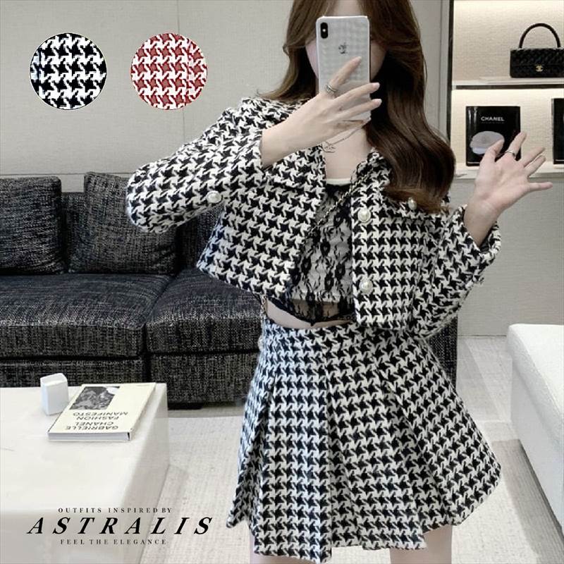 オシャレ度UP！千鳥柄ジャケット＆フレアスカートセットアップが登場しました！上品な千鳥格子デザインは、オフィスやビジネスシーンだけでなく、パーティーやイベントなど様々な場面で活躍します。ハイウエストのプリーツスカートは、ミニ丈でAラインシル...