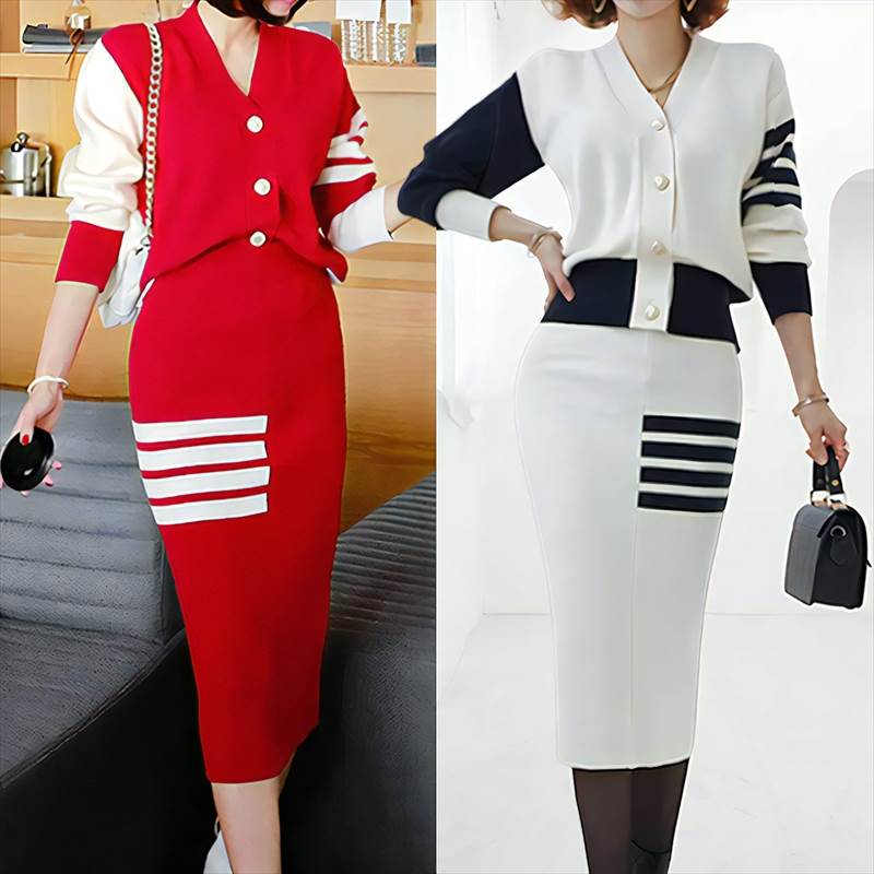 新しいスタイルのカーディガンスカートセット、2カラー展開で登場！トレンド感溢れるラインデザインがおしゃれなアイテムです。一瞬でコーディネートが完成するセットアップは、忙しい朝や特別な場面でとても便利。膝下丈のスカートは単独でもお使いいただけ...