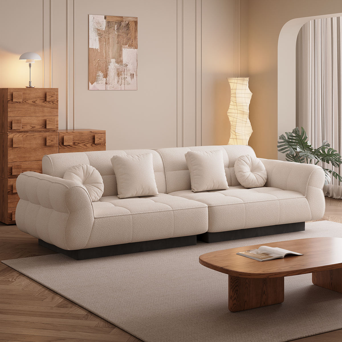 スタイリッシュソファ（280×100×74cm）。 広々とした座面を備えたモダンなイタリアンスタイルのソファです。 美しいロープロファイルのシルエットに、深くクッション性の高い座面を組み合わせ、洗練された上品な存在感を演出します。 張地：ア...
