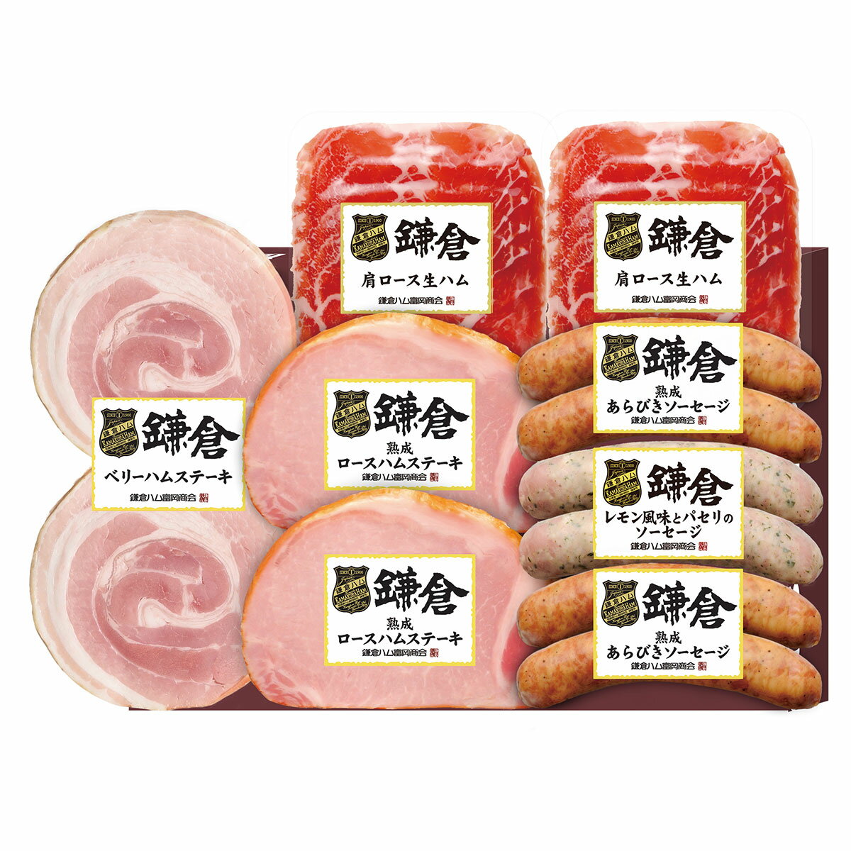 ●内容量：肩ロース生ハム50g・熟成ロースハムステーキ63g・熟成あらびきソーセージ80g×各2、ベリーハムステーキ100g・レモン風味とパセリのソーセージ80g×各1 ●賞味期間：冷蔵40日 鎌倉の地で受け継がれる、「こだわりの美味しさ」...