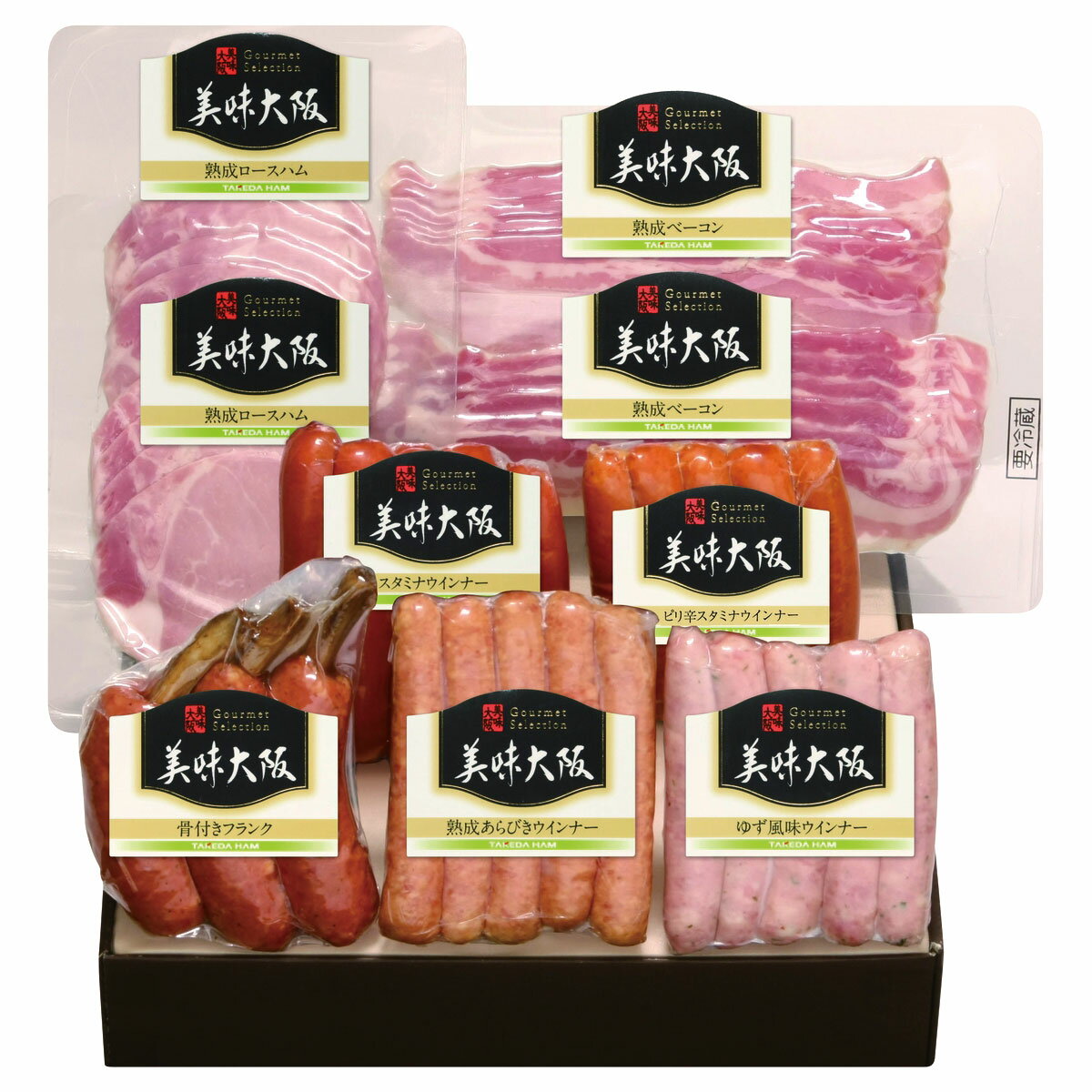 ●内容量：熟成ロースハムスライス55g・熟成ベーコンスライス60g×各2、熟成あらびきウインナー110g・ゆず風味ウインナー100g・ピリ辛スタミナウインナー150g・スタミナウインナー135g・骨付きフランク130g×各1●賞味期間：冷蔵...